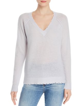 Minnie Rose Distressed V-Neck Cashmere Sweater | Bloomingdale's