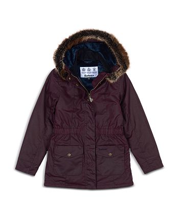 Barbour Girls' Waxed Faux Fur Trim Hooded Coat - Big Kid | Bloomingdale's