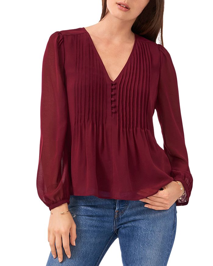 1.STATE Pleated Button Neck Blouse | Bloomingdale's