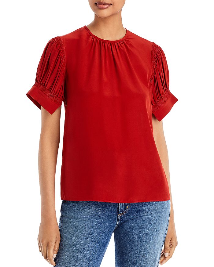 Rebecca Taylor Pleated Puff Sleeve Silk Top | Bloomingdale's
