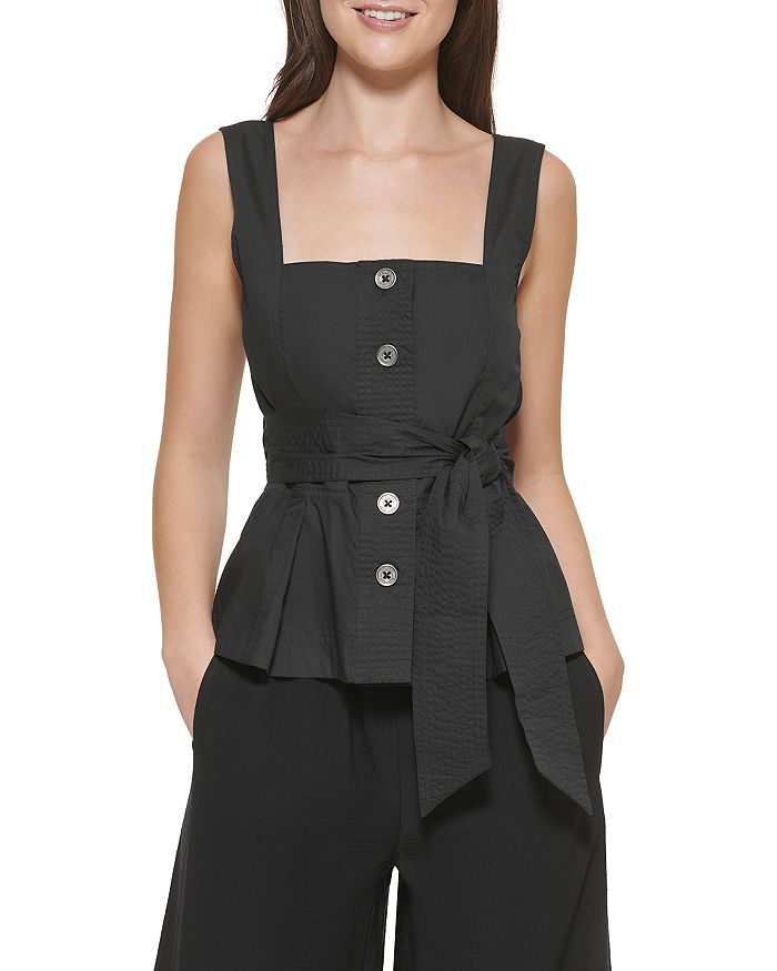 DKNY Cotton Button Front Belted Top | Bloomingdale's