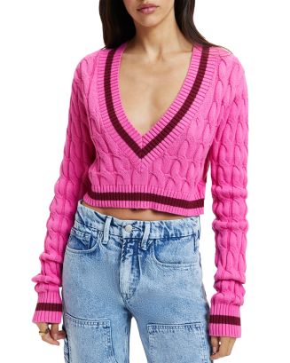 Good American Cropped Cable Knit Collegiate Sweater | Bloomingdale's