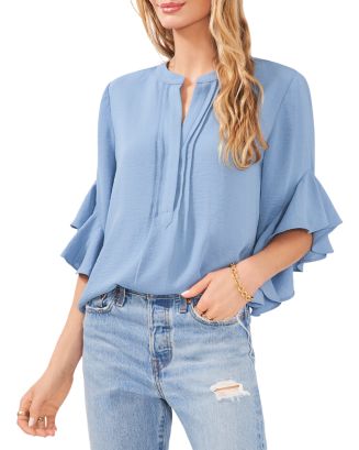 VINCE CAMUTO Split Neck Ruffle Sleeve Blouse | Bloomingdale's