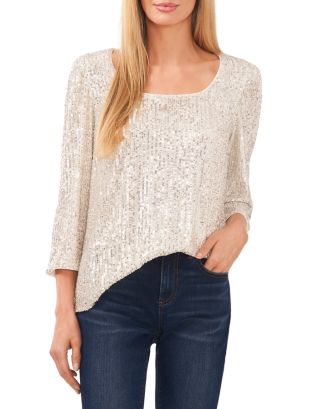 CeCe Sequined Scoop Neck Top | Bloomingdale's