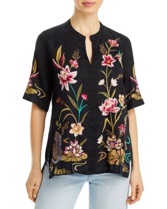 Johnny Was Maisie Embroidered Split Neck Linen Top | Bloomingdale's