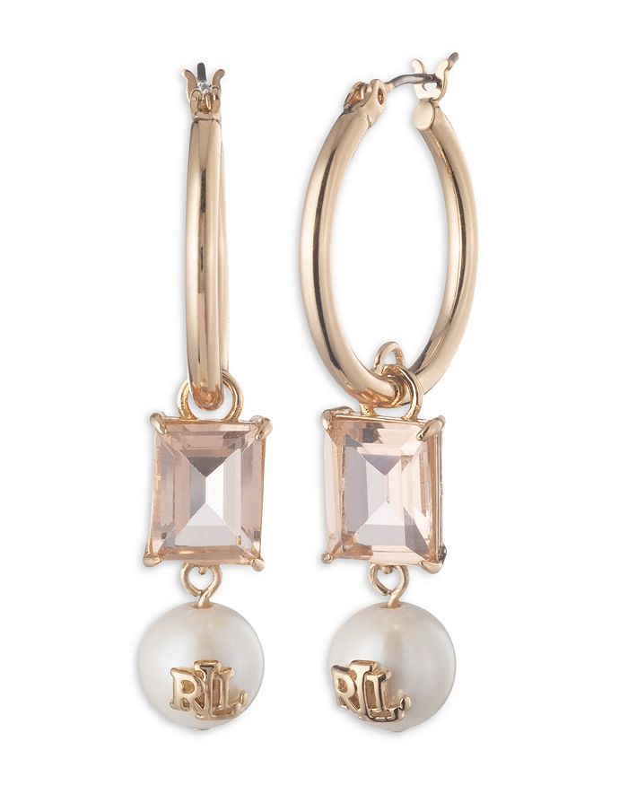 Ralph Lauren Ralph Lauren Crystal & Logo Imitation Pearl Charm Hoop ...