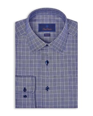 David Donahue Trim Fit Twill Grid Pattern Dress Shirt | Bloomingdale's