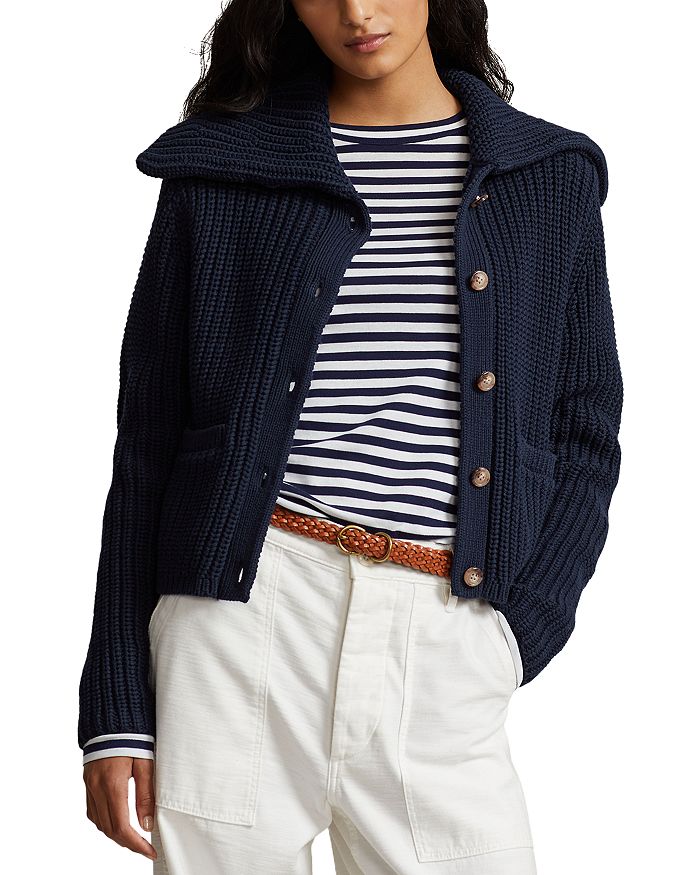 Ralph Lauren Cotton Rib Knit Flap Collar Cardigan | Bloomingdale's