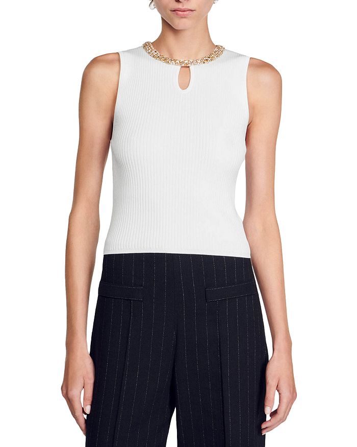 Sandro Embellished Neck Sleeveless Rib Knit Top | Bloomingdale's