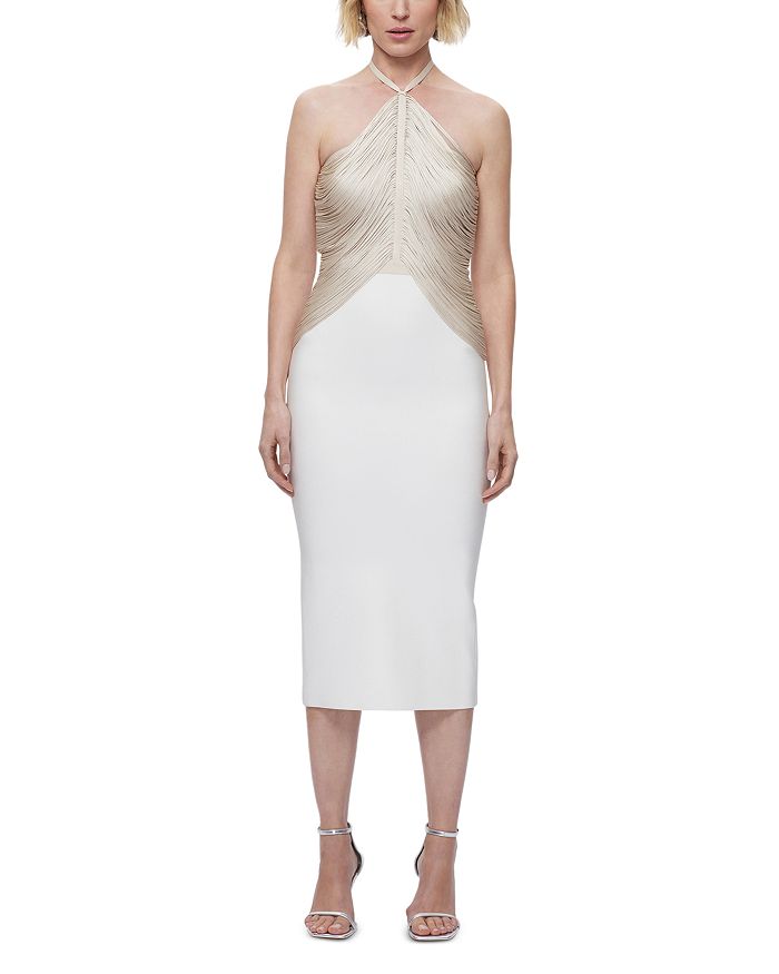 Hervé Léger Halter Draped Fringe Midi Dress | Bloomingdale's