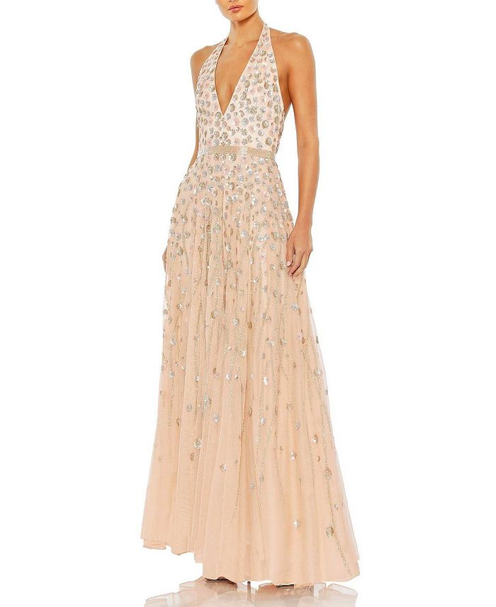 Mac Duggal Floral Embellished Halter Strap A Line Gown | Bloomingdale's