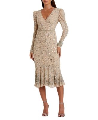 Mac Duggal Womens Pleated High Neck Raglan Long Sleeve Side Slit Gown - Nude silver