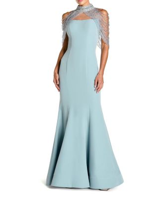 Click here for Mac Duggal Crepe Mermaid Gown with Beaded Shawl prices