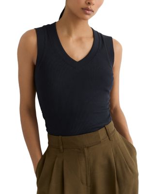 Click here for Reiss Ruched V Neck Ribbed Top prices
