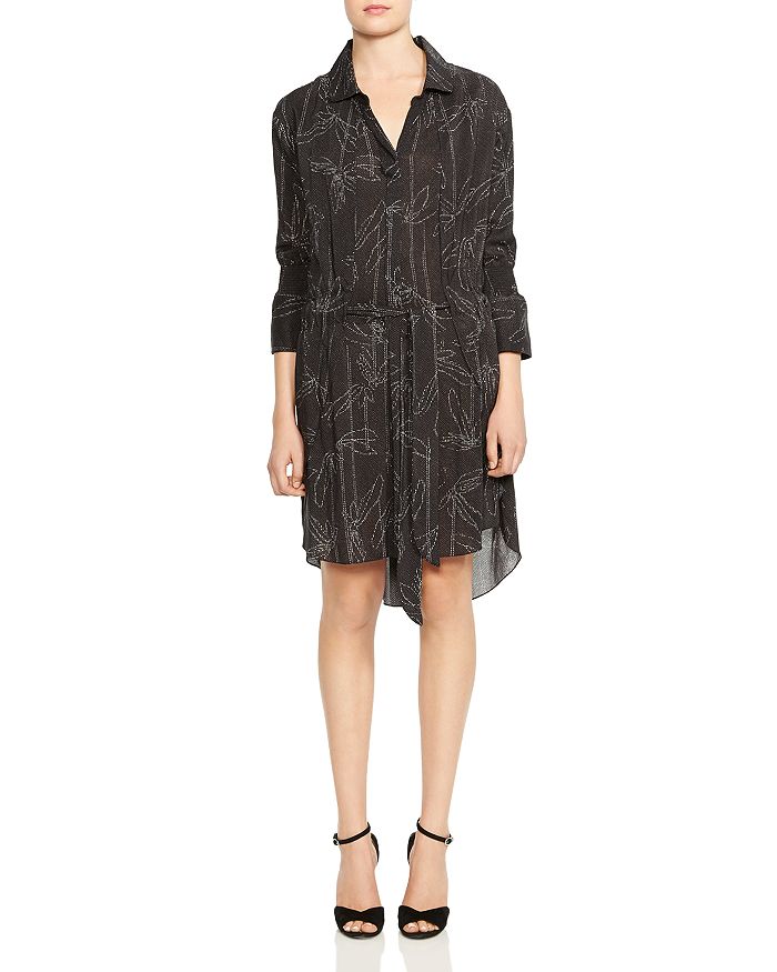 HALSTON HERITAGE HALSTON Smocked-Sleeve Botanical Print Shirt Dress ...