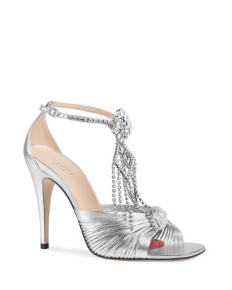 Gucci Women's Crawford Metallic Leather Sandals with Crystal Chain ...