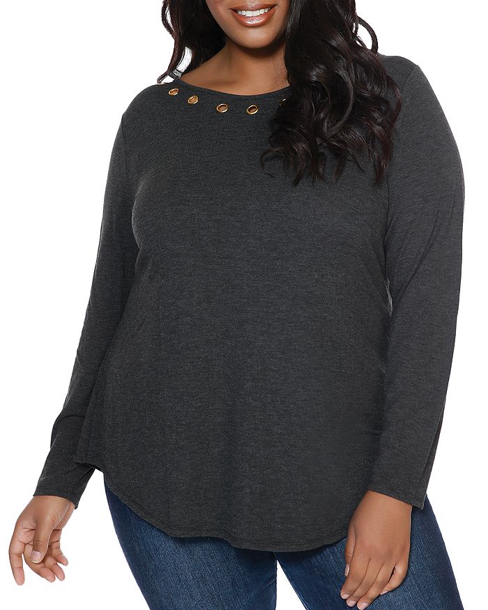 Belldini Plus Grommet Trim Top In Heather Charcoal/ Gold | ModeSens