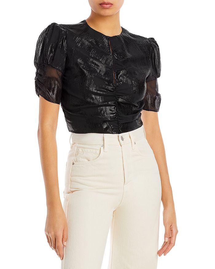 FRAME Ruched Sleeve Keyhole Top | Bloomingdale's