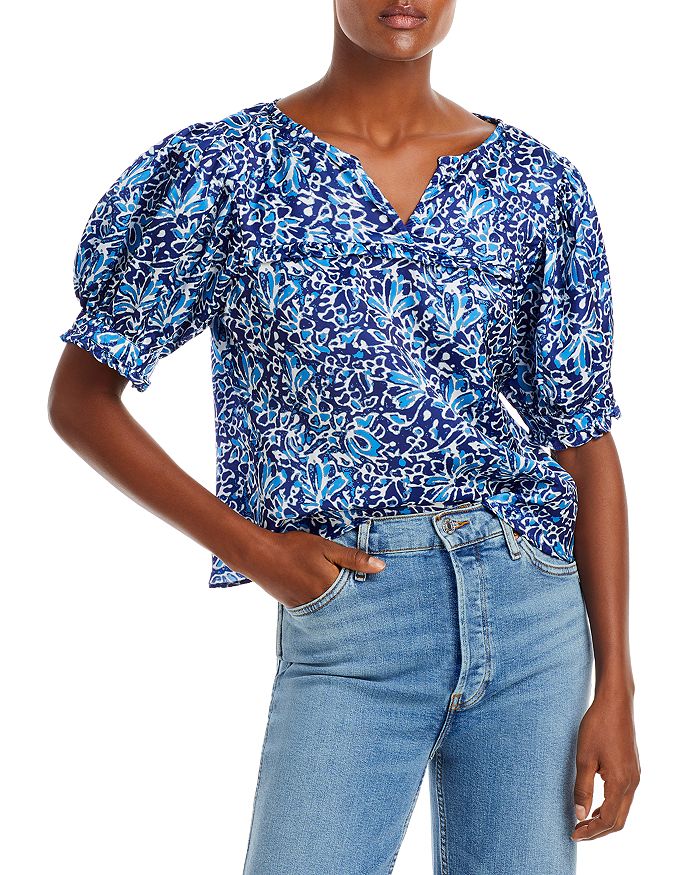 AQUA Split Neck Puff Sleeve Top - 100% Exclusive | Bloomingdale's