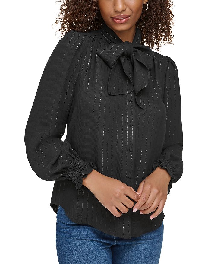 KARL LAGERFELD PARIS Metallic Pinstripe Tie Neck Blouse | Bloomingdale's
