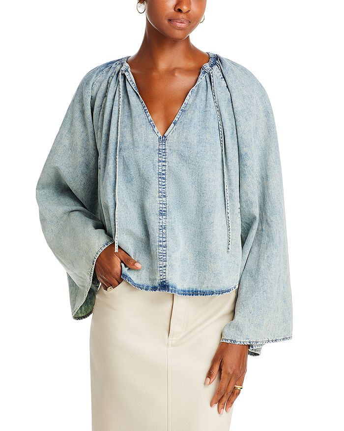 FRAME Shirred V Neck Denim Blouse | Bloomingdale's