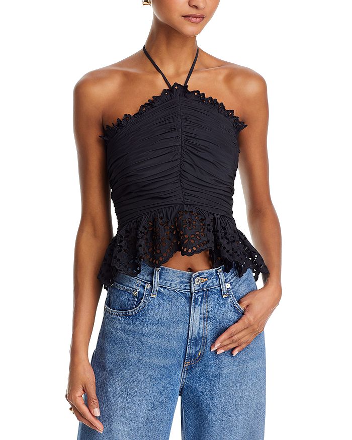 Ramy Brook Michelle Ruched Eyelet Trim Halter Top | Bloomingdale's