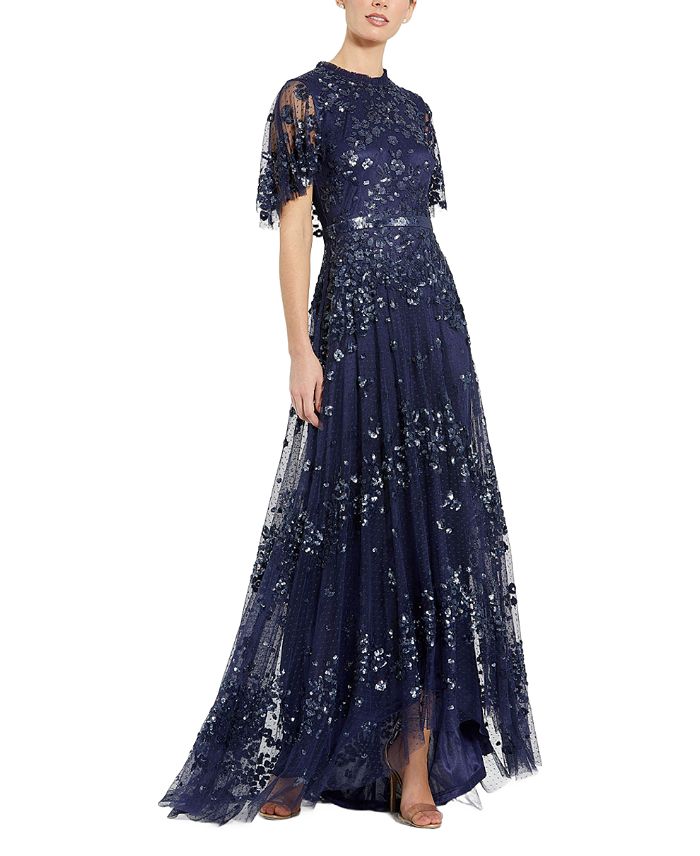 Mac Duggal Sequined High Neck Flutter Sleeve A Line Gown | Bloomingdale's