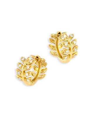 Diamond Leaf Huggie Hoop Earrings in 14K Yellow Gold 0.13 ct. t.w