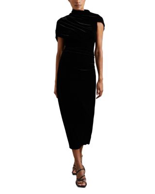 Click here for Reiss Nara Ruched Velvet Midi Dress prices