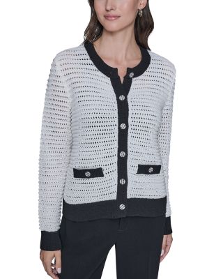 Karl Lagerfeld Paris Womens Button-Front Cardigan - Soft White/black