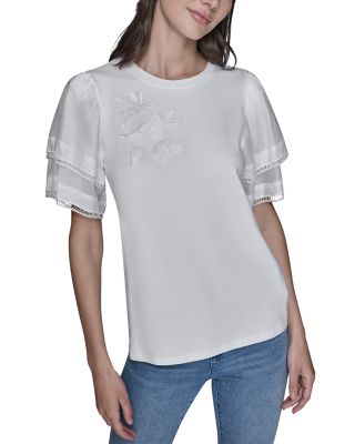 Karl Lagerfeld Paris Floral Knit Flutter Sleeve Top