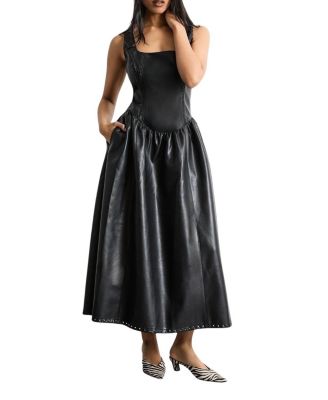 Click here for Warehouse Faux Leather Whipstitch Trim Midi Dress prices