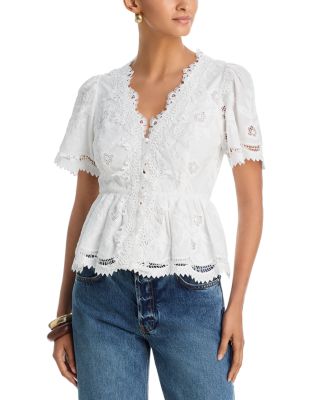 Click here for Aqua Embroidered Lace Button Down V Neck Top - Exc... prices
