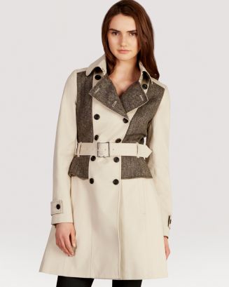 KAREN MILLEN Cotton and Tweed Color Block Trench Coat | Bloomingdale's
