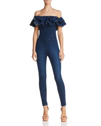 GUESS Ruffled Off-the-Shoulder Denim Jumpsuit | Bloomingdale's