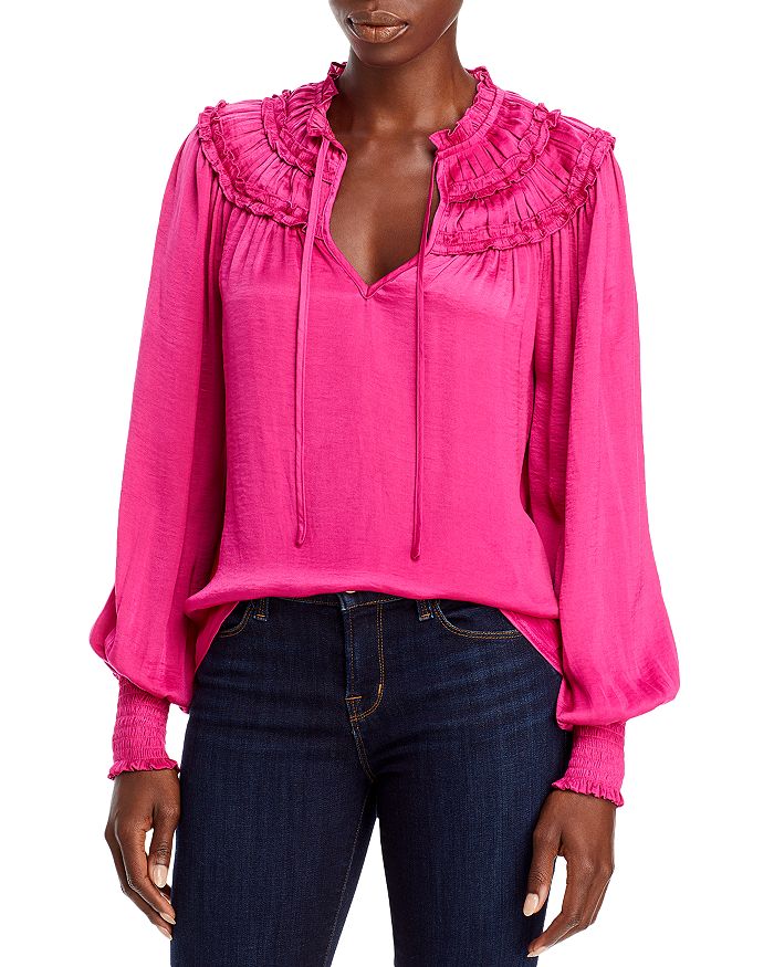 AQUA Ruffle Yoke Tie Neck Top - 100% Exclusive | Bloomingdale's