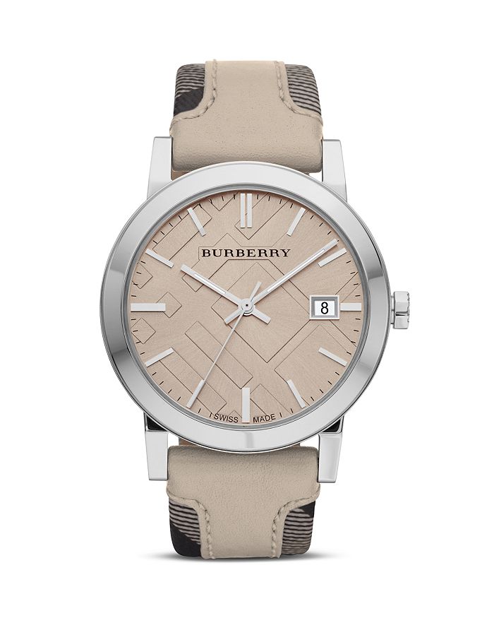 Burberry Silver Watch with Tan Check Strap, 38mm | Bloomingdale's