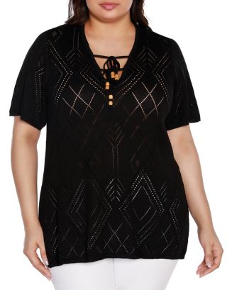 Belldini Plus Diamond Pointelle Tie Neck Tunic | Bloomingdale's