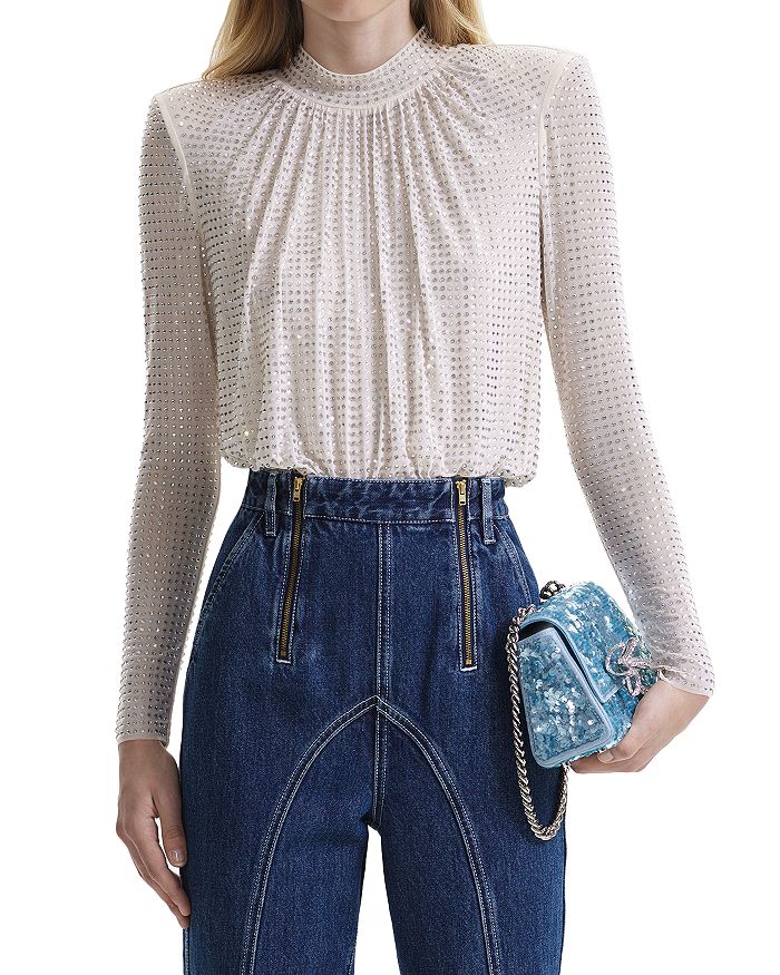 Self-Portrait Mesh Mock Neck Top | Bloomingdale's