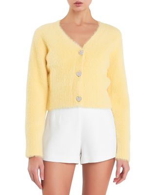 English Factory Feathered Plush Heart Buttoned Cardigan | Bloomingdale's