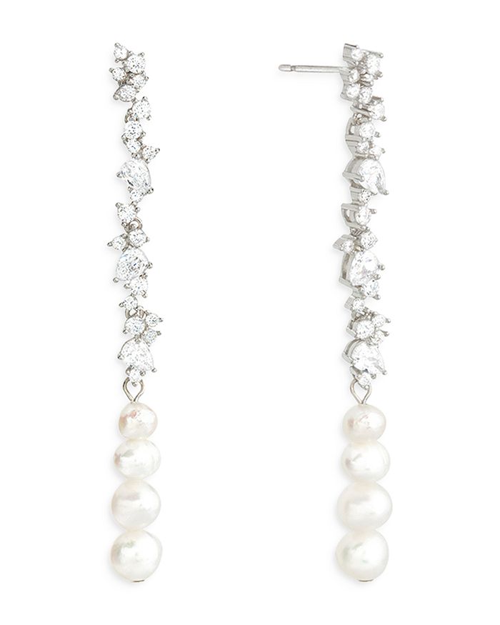 Shashi Alice Cubic Zirconia And Imitation Pearl Linear Drop Earrings In Sterling Silver