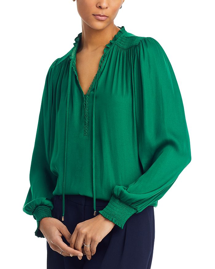T Tahari Smocked Split Neck Blouse | Bloomingdale's