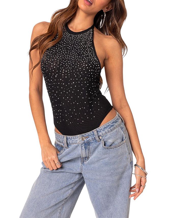 Edikted Open Back Mesh Rhinestone Bodysuit | Bloomingdale's