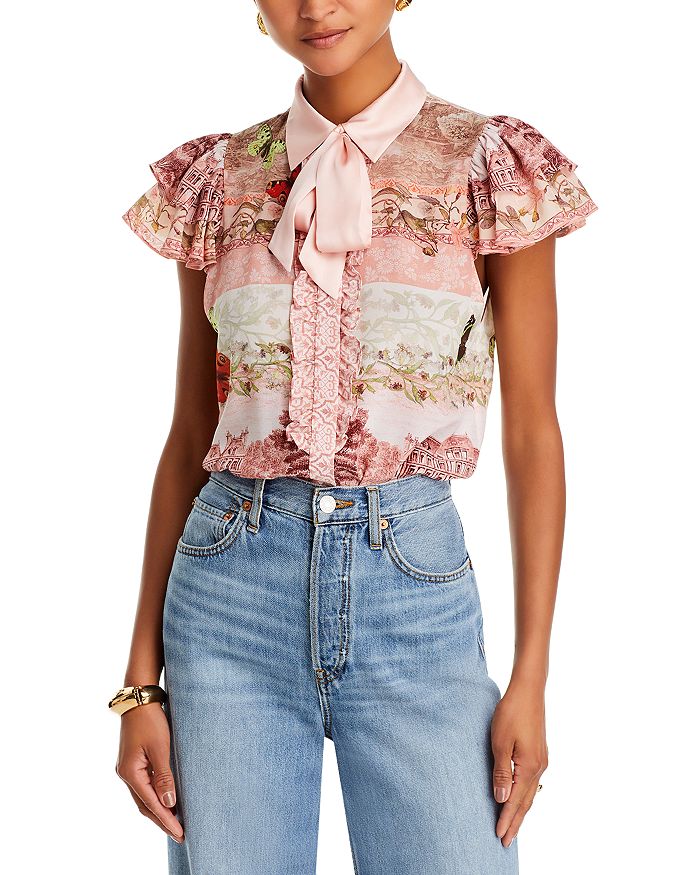 Alice and Olivia Minda Silk Ruffle Sleeve Blouse | Bloomingdale's