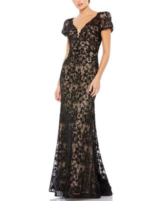 Mac Duggal Lace Plunge Neck Short Puff Sleeve Trumpet Gown | Bloomingdale's