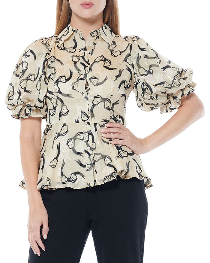 Gracia Puffed Sleeve Collared Button Down Peplum Blouse | Bloomingdale's