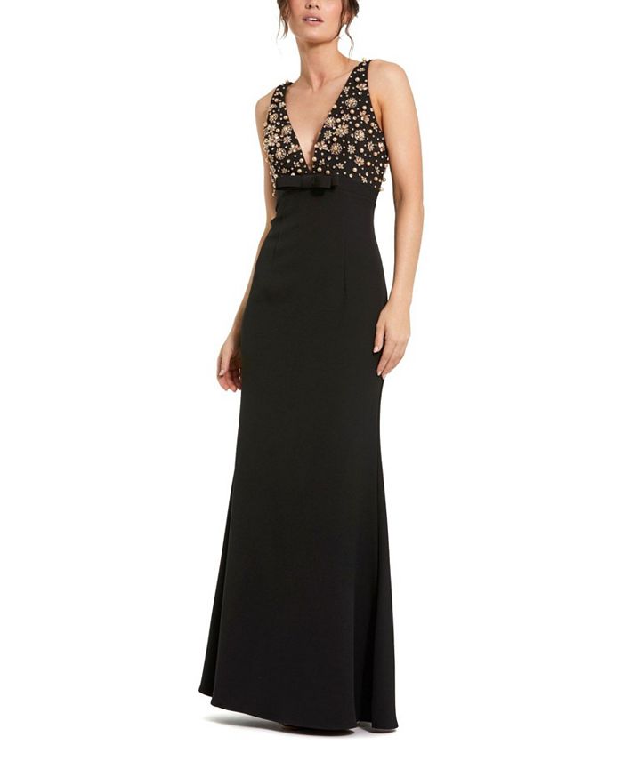 Mac Duggal Crepe Sleeveless Beaded Top With Bow V Neck Gown