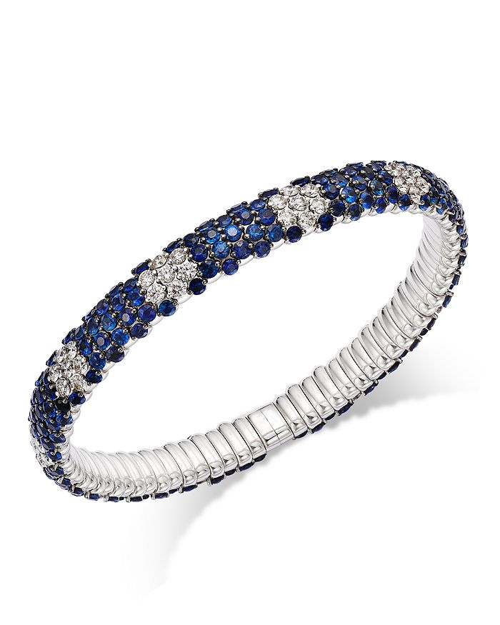 ZYDO 18K White Gold Stretch Collection Blue Sapphire & Diamond Flower ...