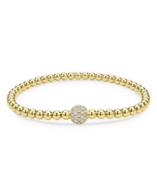 Lagos 18K Yellow Gold Caviar Diamond Pave Ball Stretch Bracelet