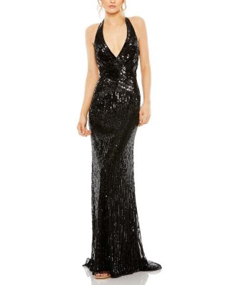 Mac Duggal Sleeveless Faux Wrap Sequin Embellished Cut Out Back Dress
